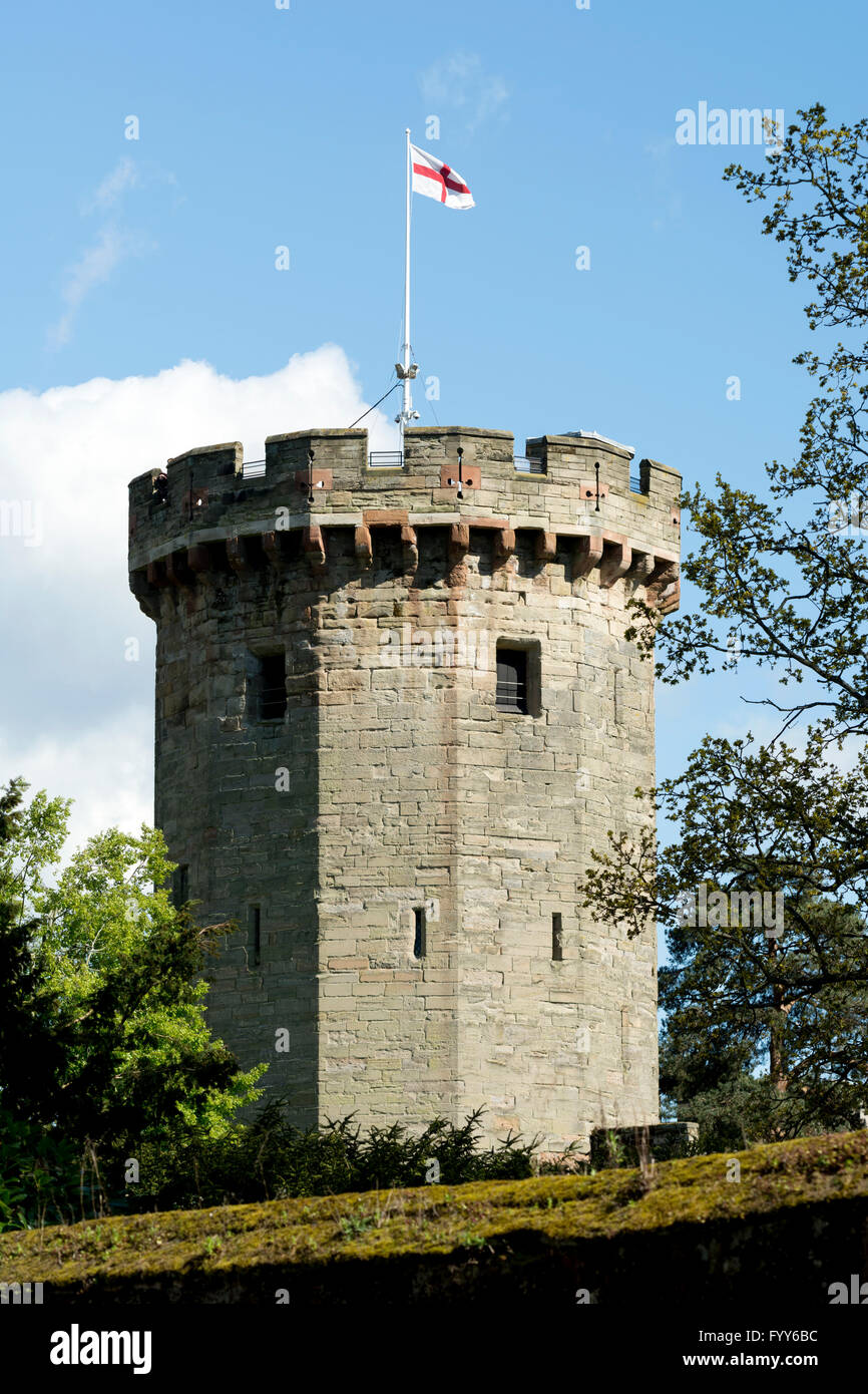 Flag of Saint George on Guy`s Tower, Warwick Castle, Warwickshire, UK ...
