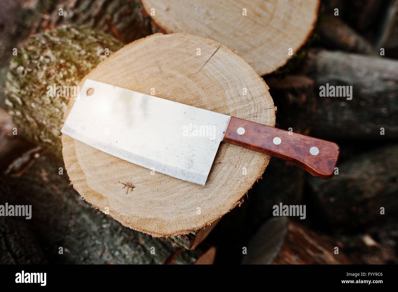 Kitchen hatchet knife machete at stump background chopped firewood ...