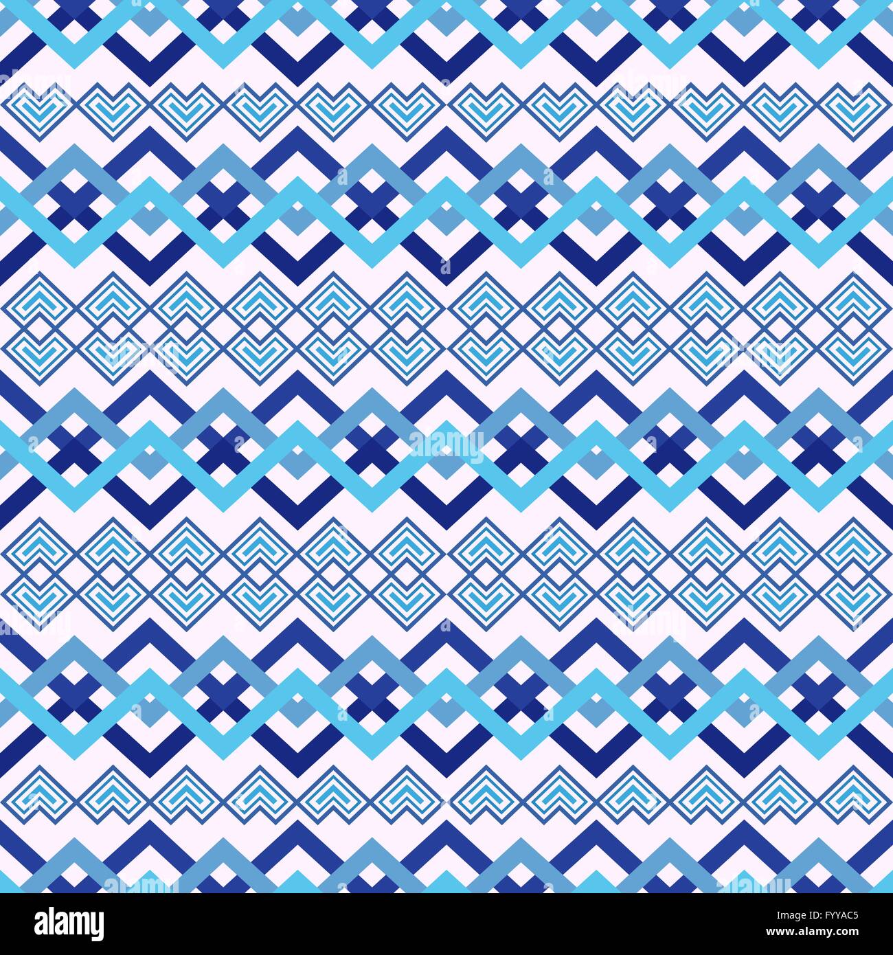 Ornamental seamless vector pattern with zigzag shapes in blue colors on the light pink backdrop ...