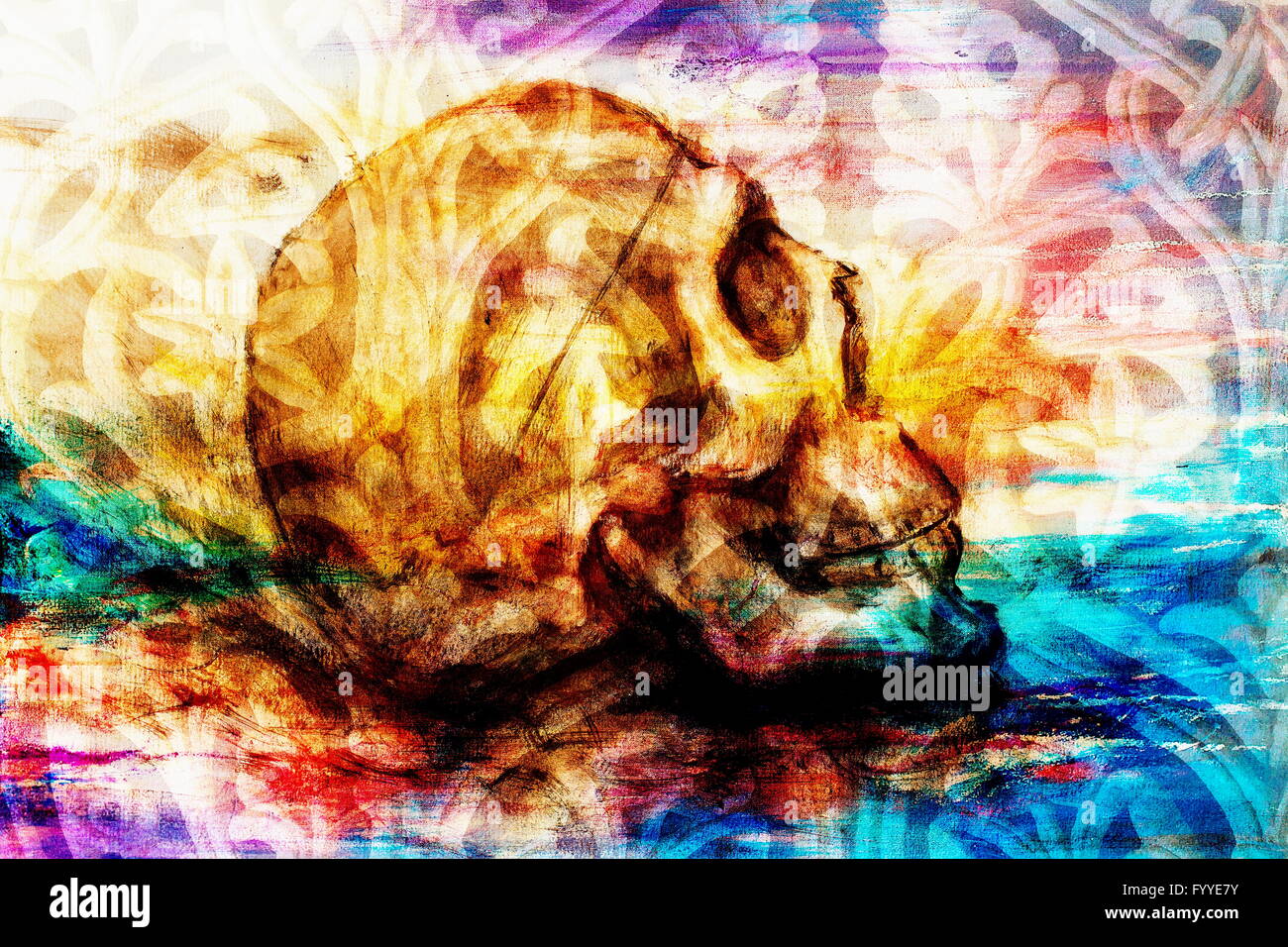painting skull on paper and abstract color effect with ornament Stock ...