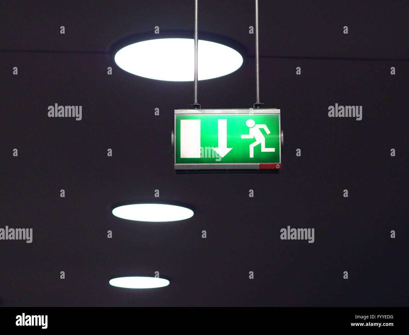 A sign showing the direction to an emergency exit in a suburban train ...