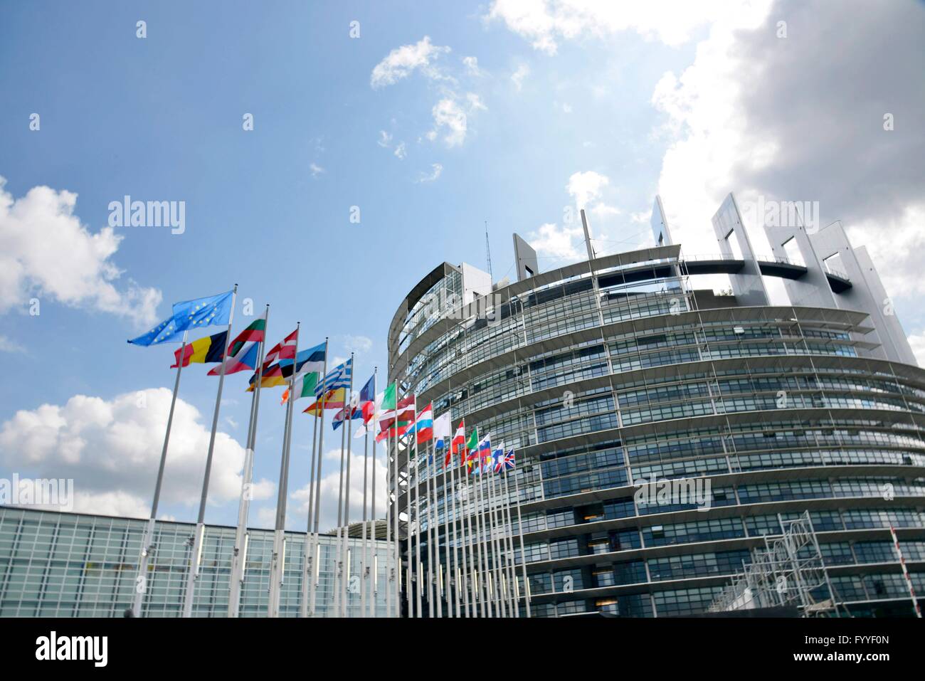 European flags waving in front of European Parliament in Strasbourg ...