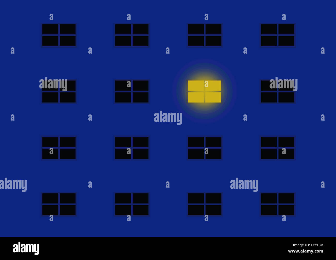 Illustration of windows at night with a single light on Stock Photo - Alamy