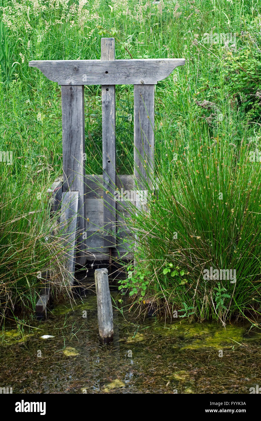 Traditional wooden sluice, called bonde, used in fish-farming in La ...