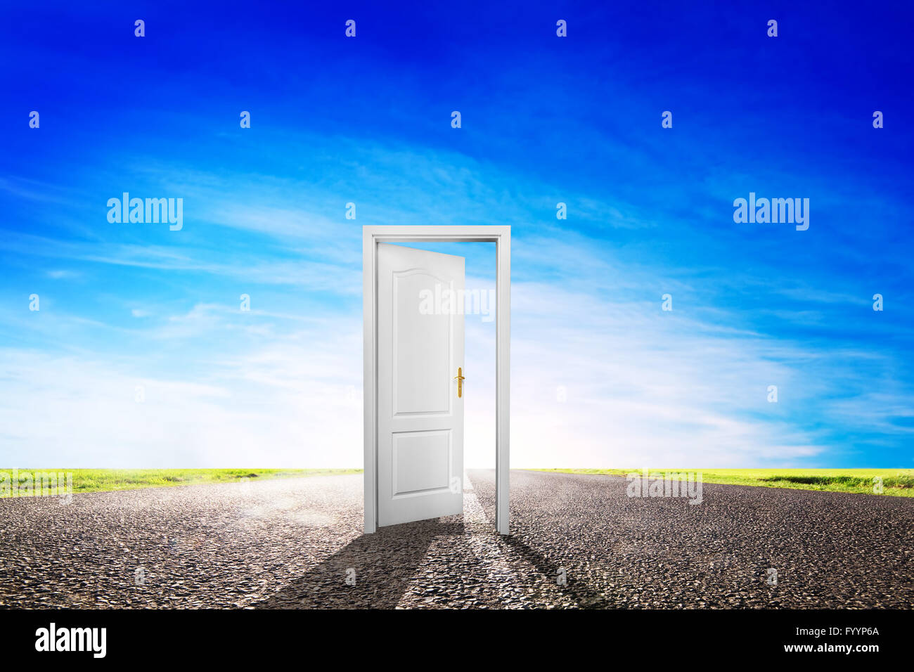 Open door on long empty asphalt road Stock Photo - Alamy