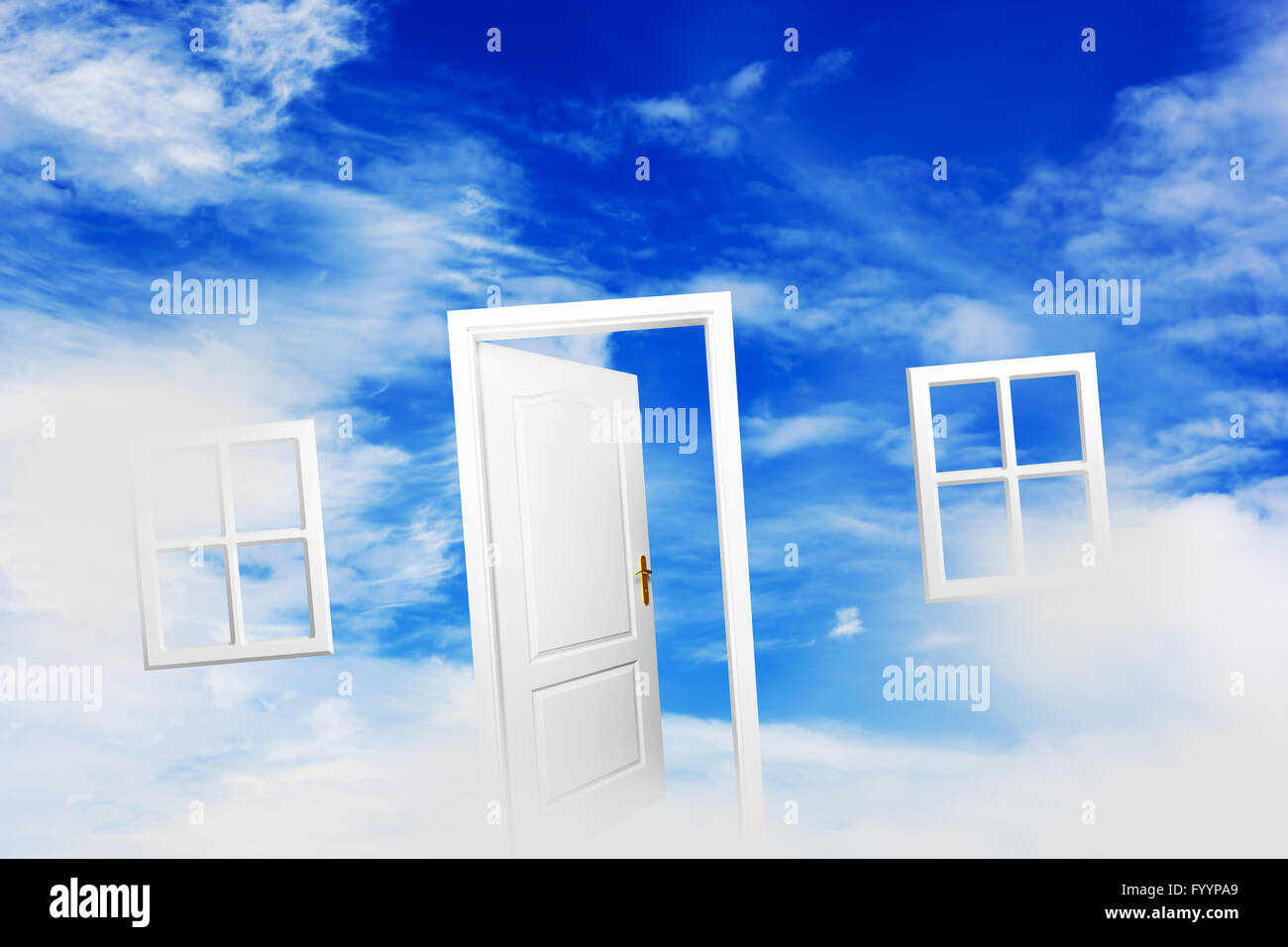 Open door and windows on fluffy clouds Stock Photo - Alamy
