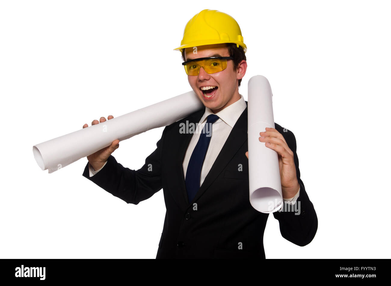 Funny architect with drawings on white Stock Photo - Alamy