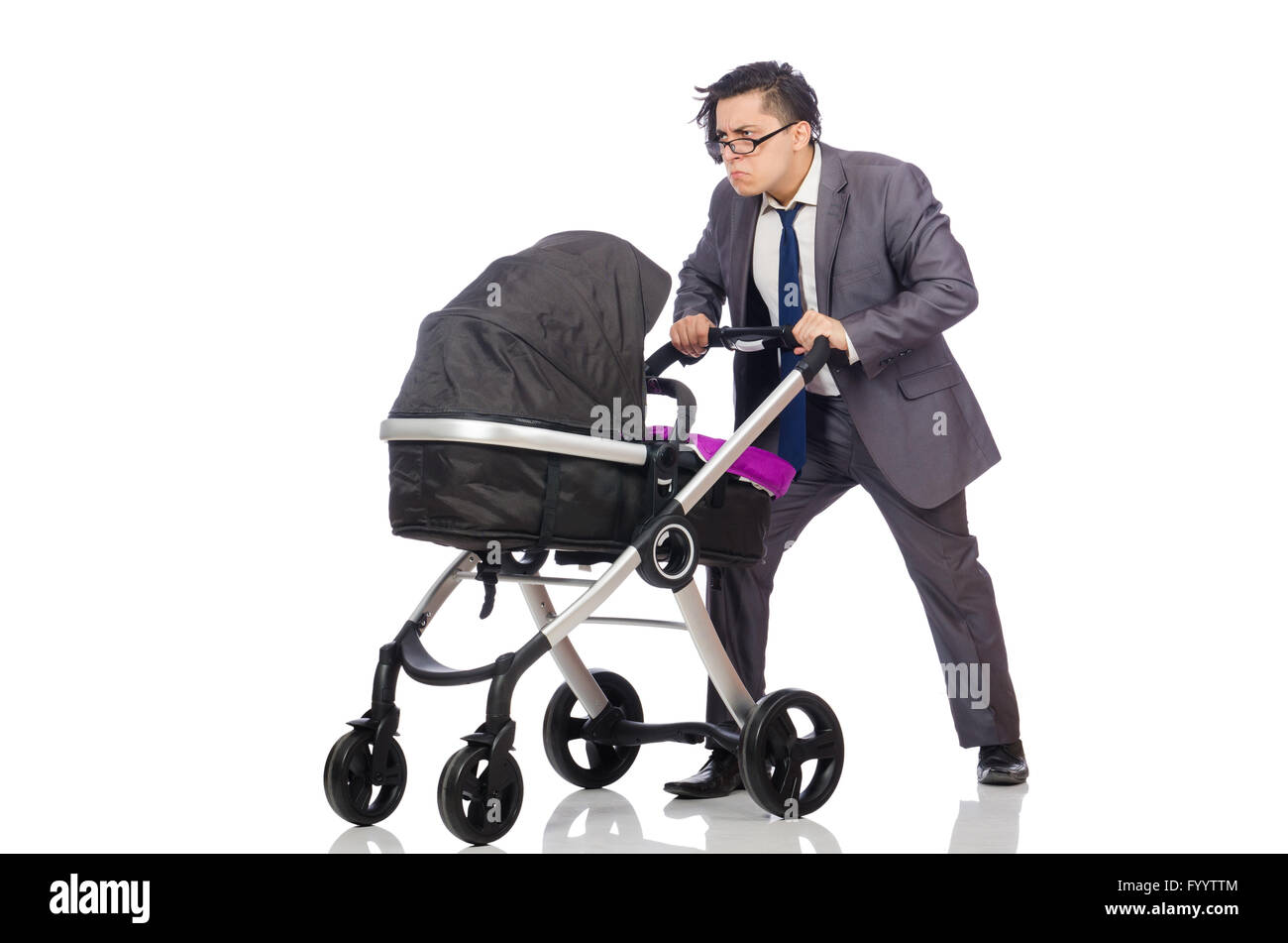 Funny dad with baby and pram on white Stock Photo - Alamy