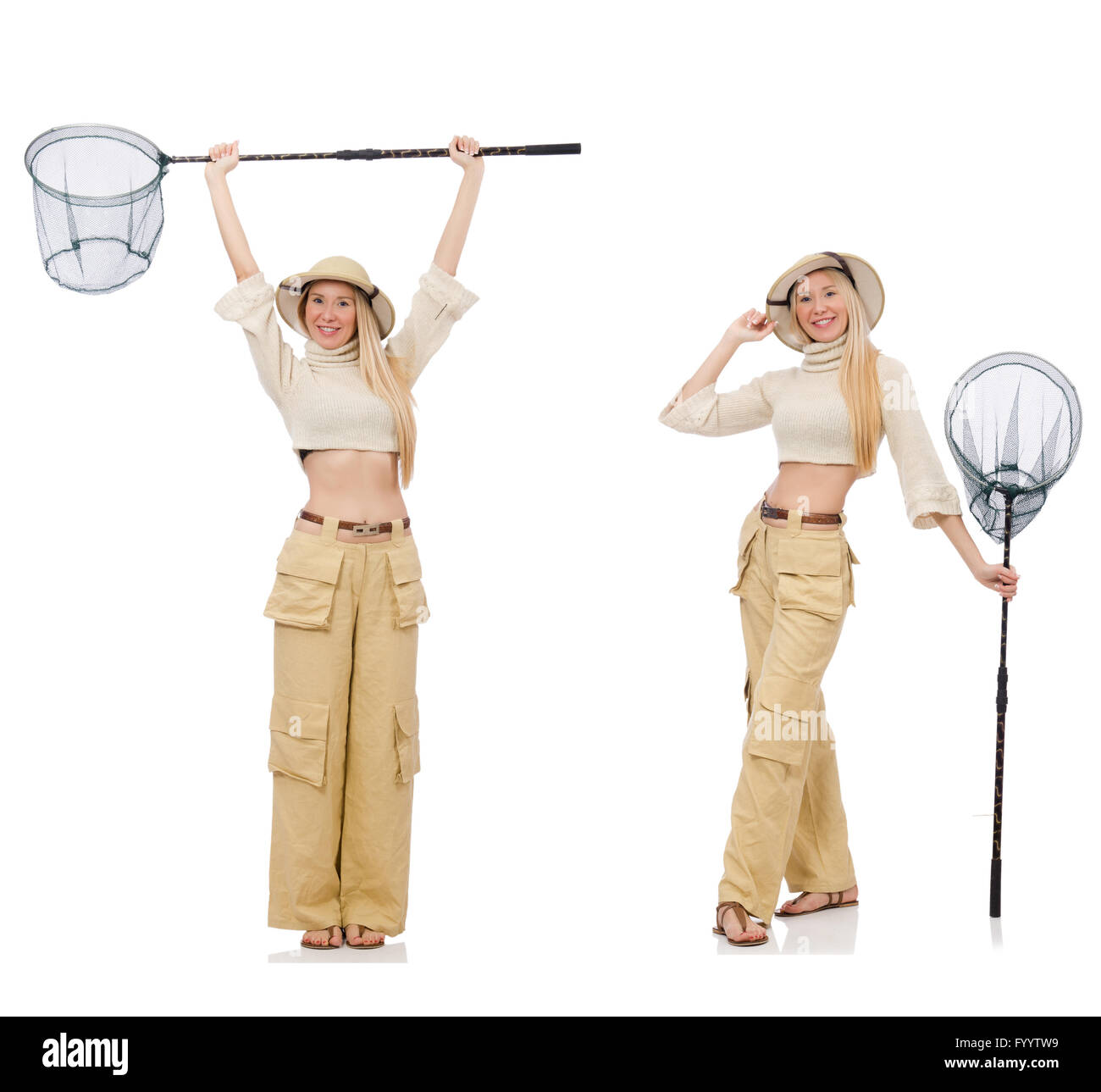 Woman with catching net on white Stock Photo - Alamy