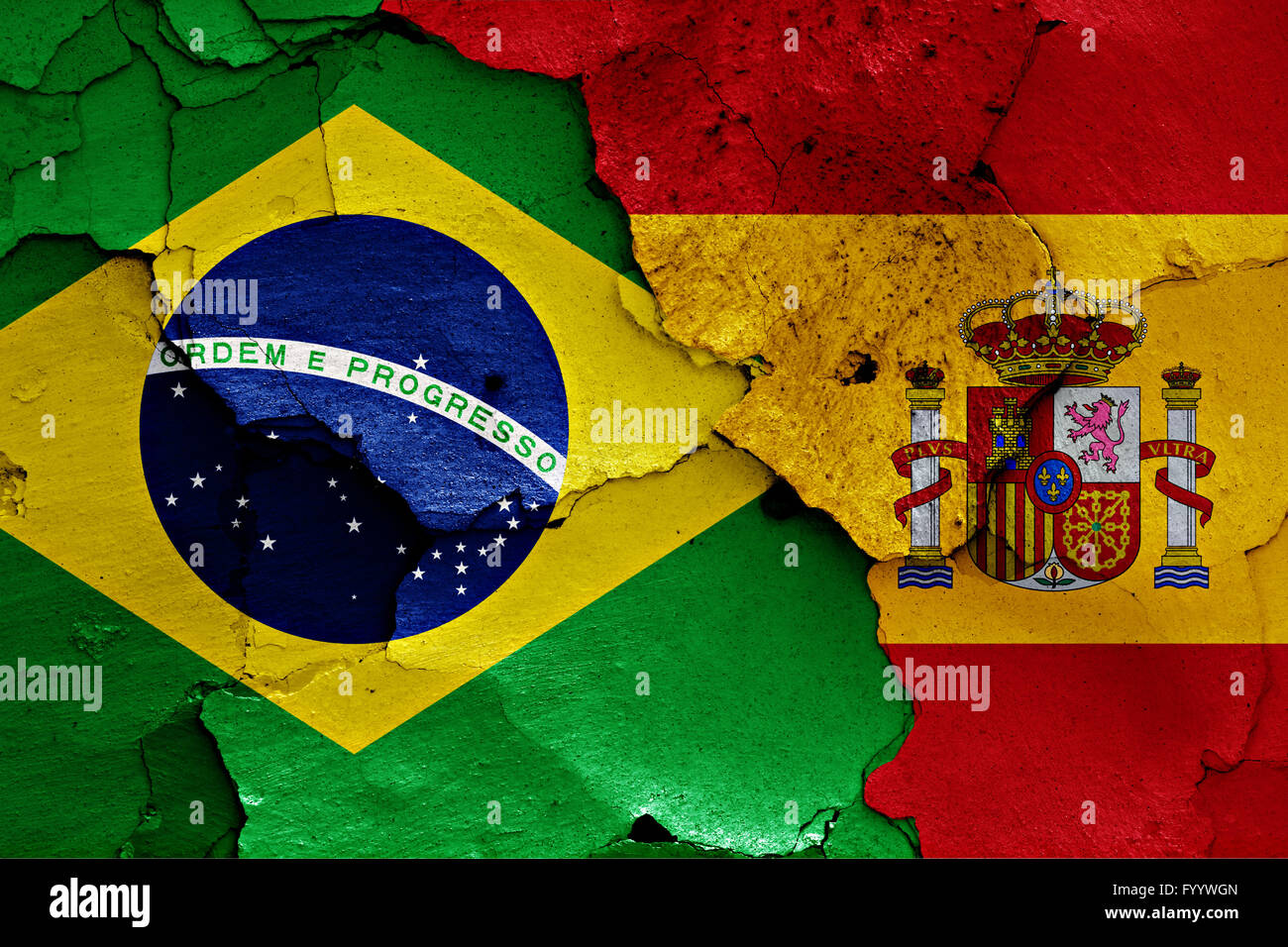 flags of Brazil and Spain painted on cracked wall Stock Photo - Alamy
