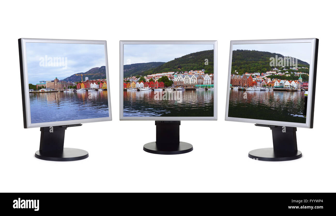 Panorama of Bergen Norway in computer monitors Stock Photo - Alamy