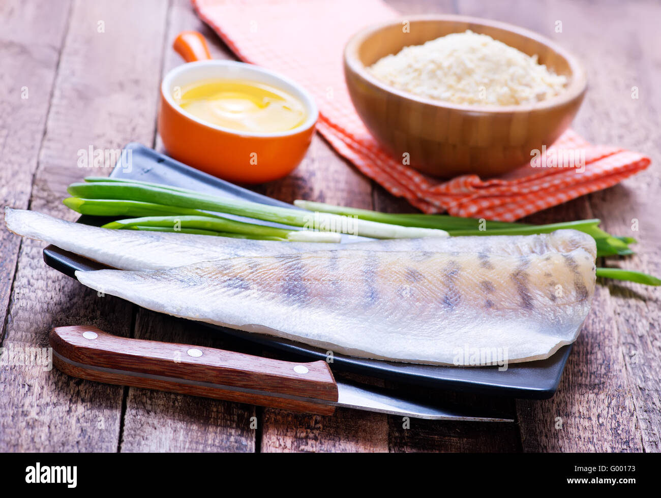raw fish on plate and on a table Stock Photo - Alamy
