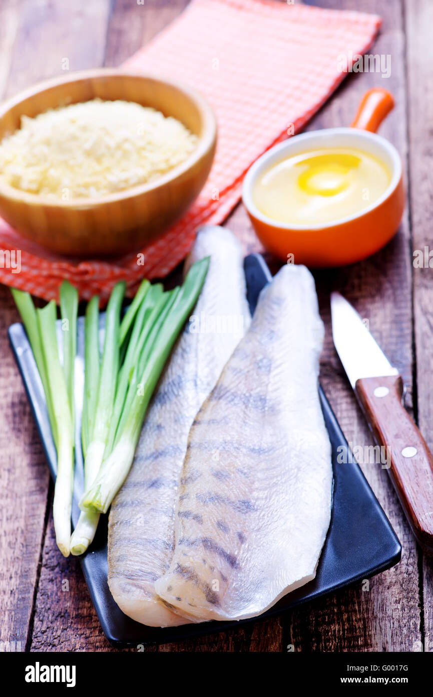raw fish on plate and on a table Stock Photo - Alamy