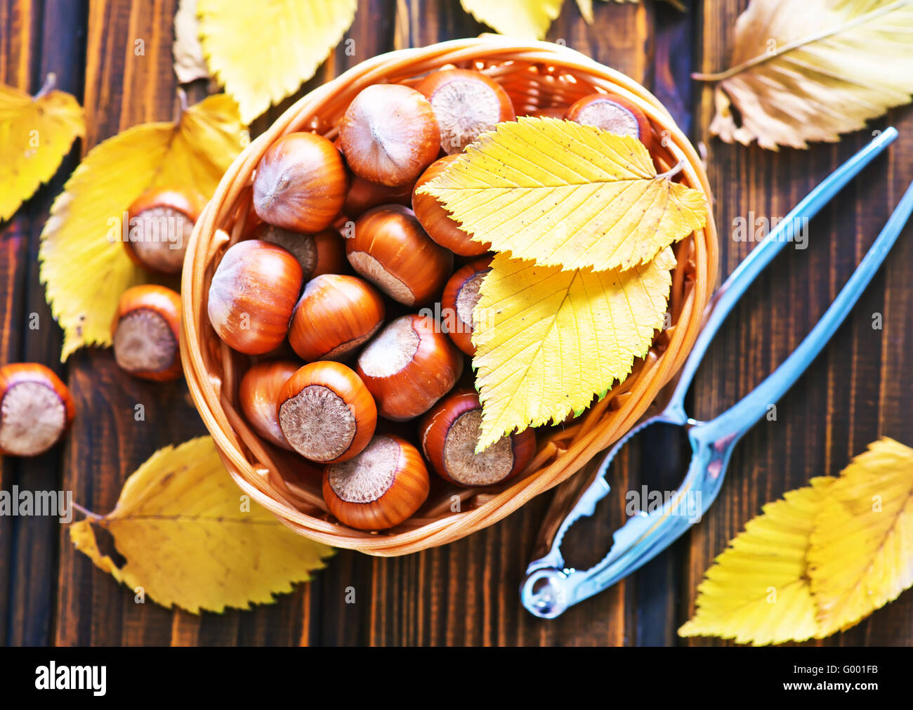 autumn leaves and hazelnuts on a table Stock Photo - Alamy