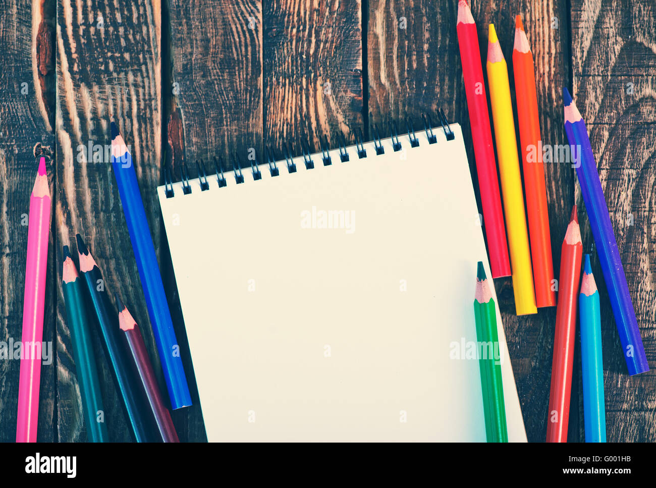 empty note and color pencils for draw Stock Photo - Alamy