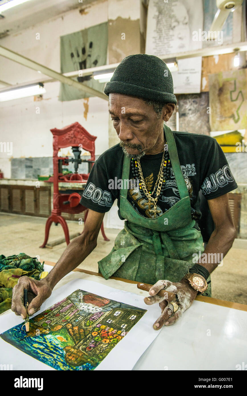 A Cuban artist painting a Cuban street scene, cigar in hand. Old Havana ...