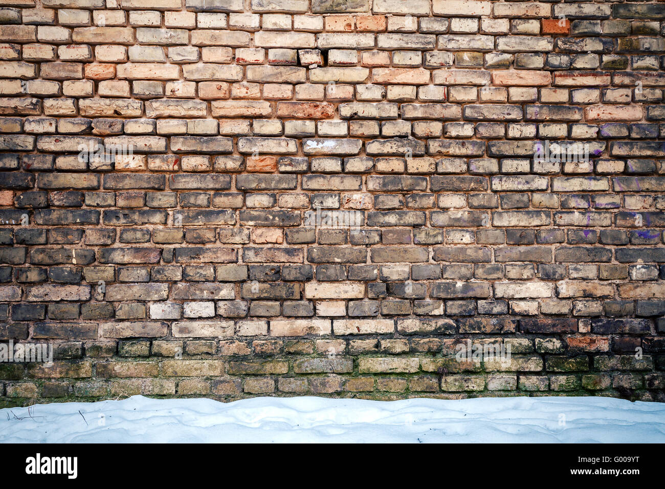 Yellow brick wall and a ground covered with snow Stock Photo - Alamy