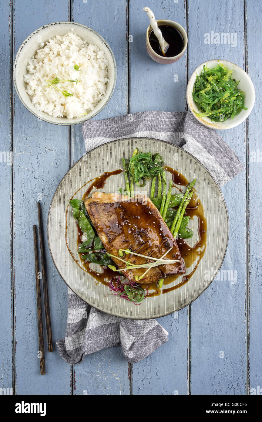 Coalfish with RIce and Vegetable Stock Photo - Alamy