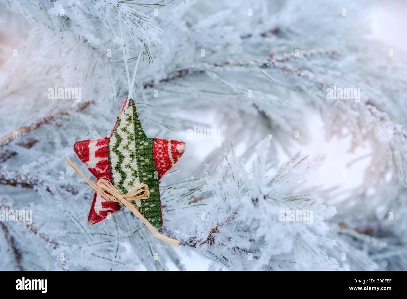 Christmas star on a snowy tree Stock Photo - Alamy