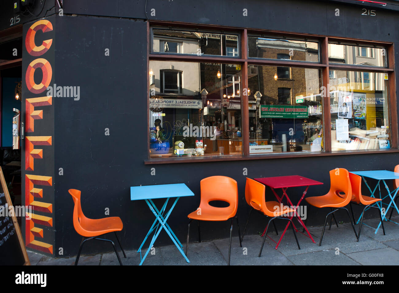 London, England - February 17, 2015: The front of a colorful cafe in ...