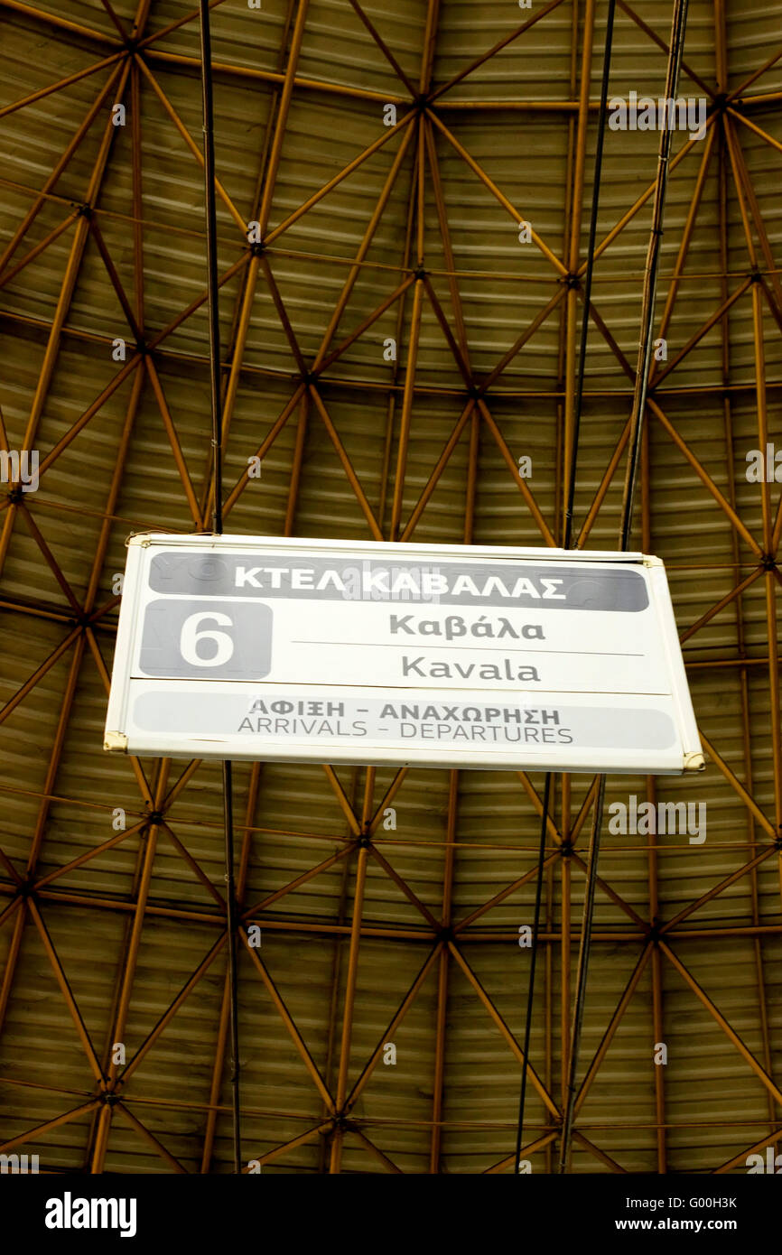 Numbered stand destination departure sign No 6 Kavala city.Thessaloniki ...