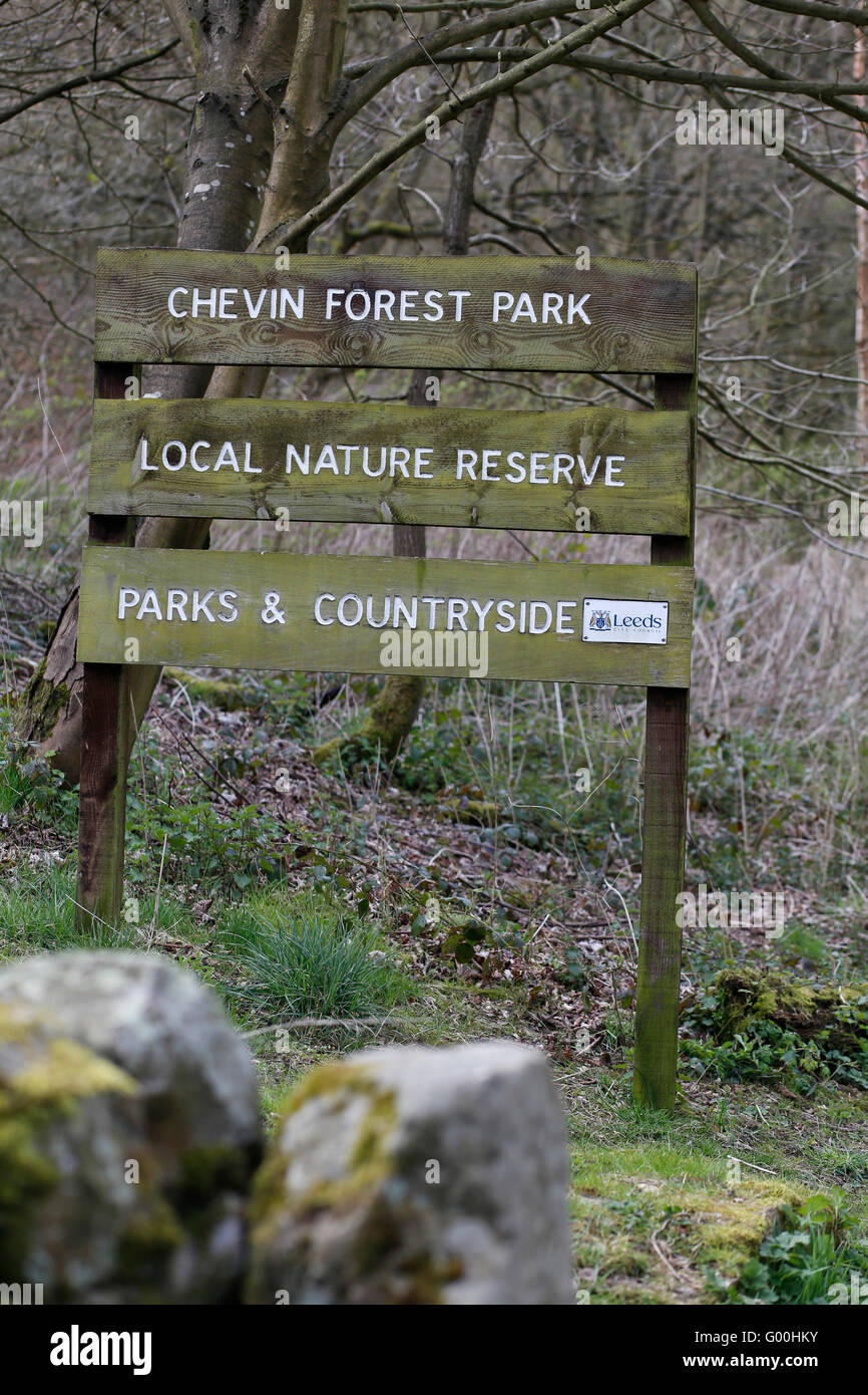Wooden entrance sign at Chevin woods, Chevin Forest Park, Otley, West ...