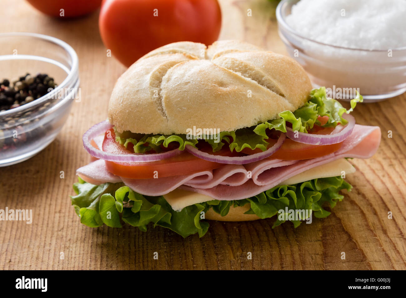 ham sandwich on wooden table Stock Photo - Alamy