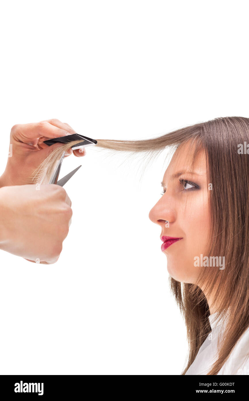 Professional hairdresser with long hair model Stock Photo - Alamy