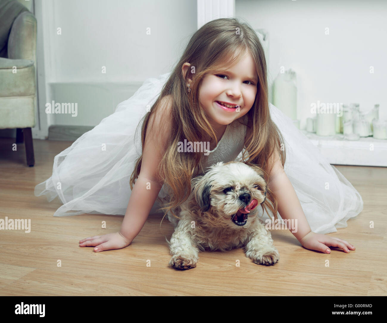 happy girl with her dog at home Stock Photo - Alamy