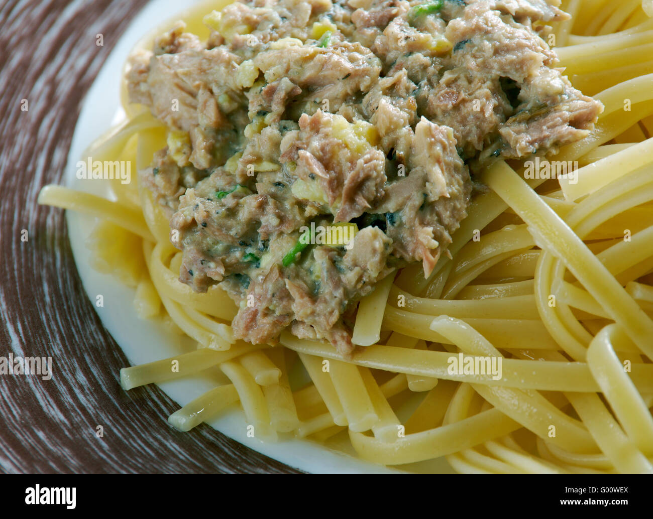 Bavette pasta with tuna sauce .italian cuisine Stock Photo - Alamy