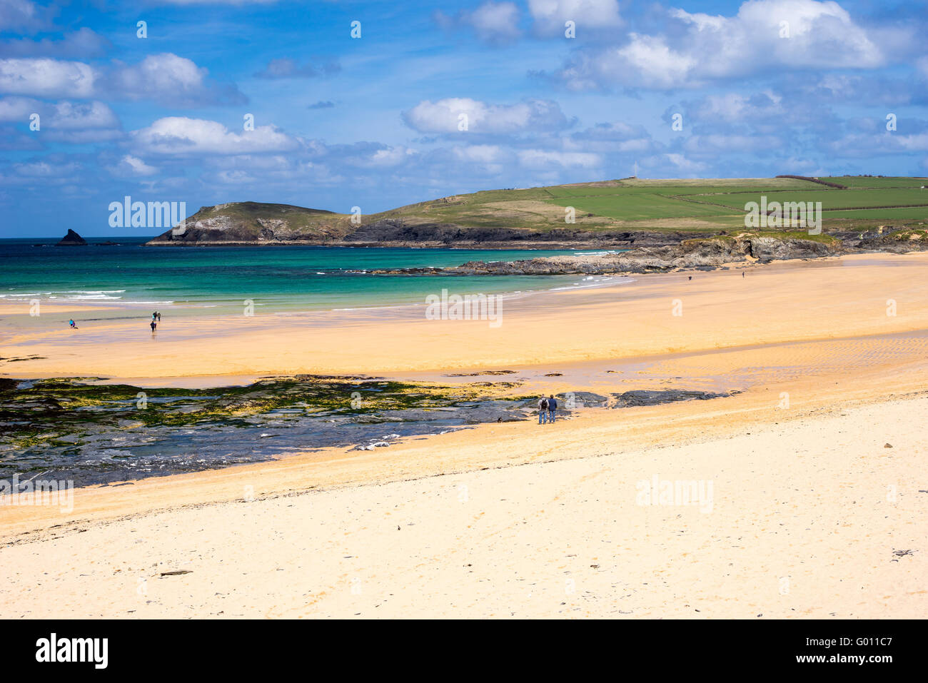 The beautiful golden sandy beach at Constantine Bay with Trevose Head ...