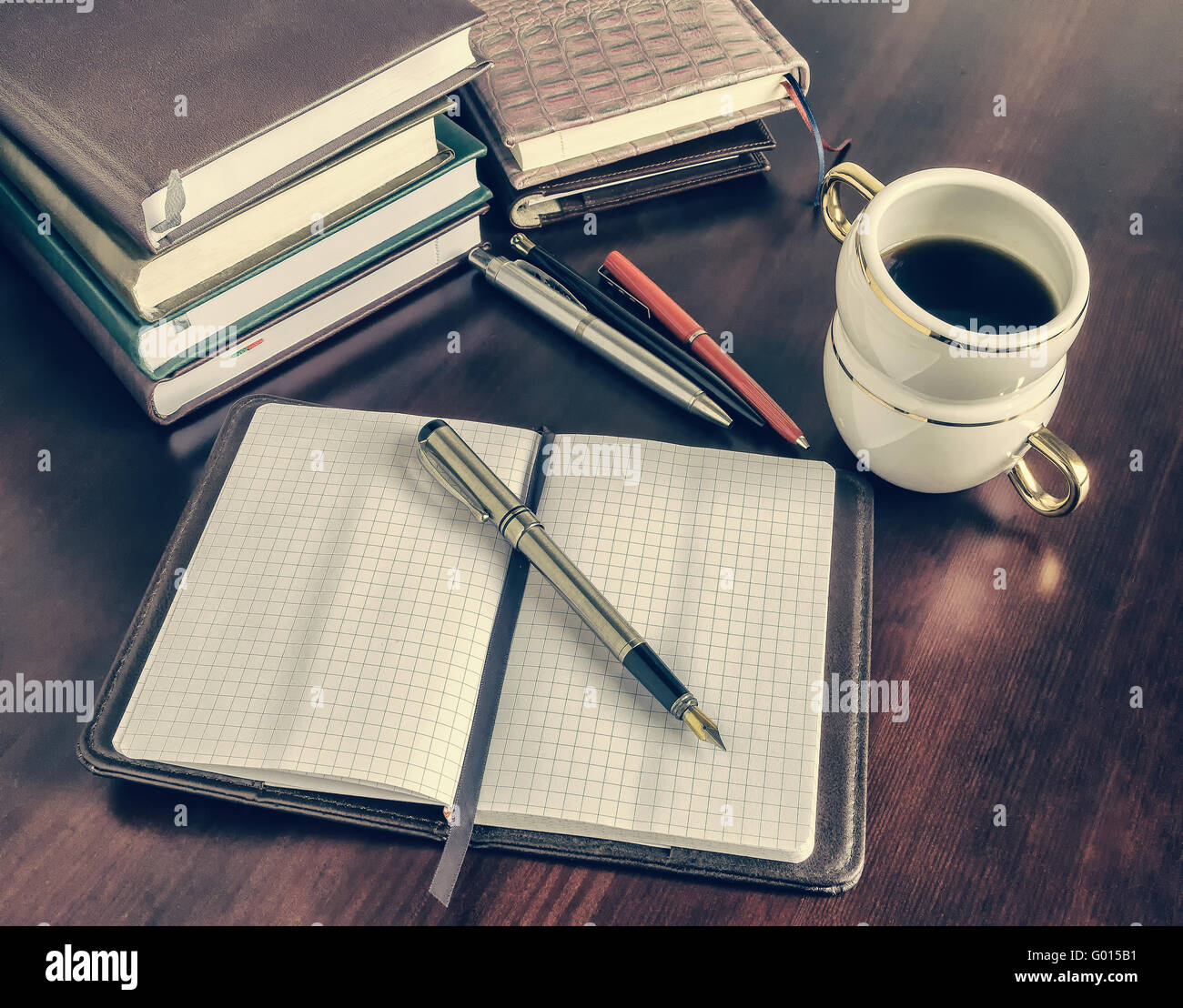 Open notebook by cup of coffee hi-res stock photography and images - Alamy