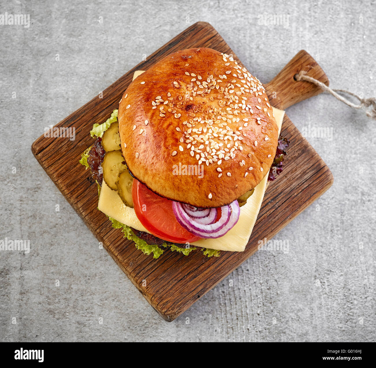 Classic cheeseburger , top view Stock Photo - Alamy