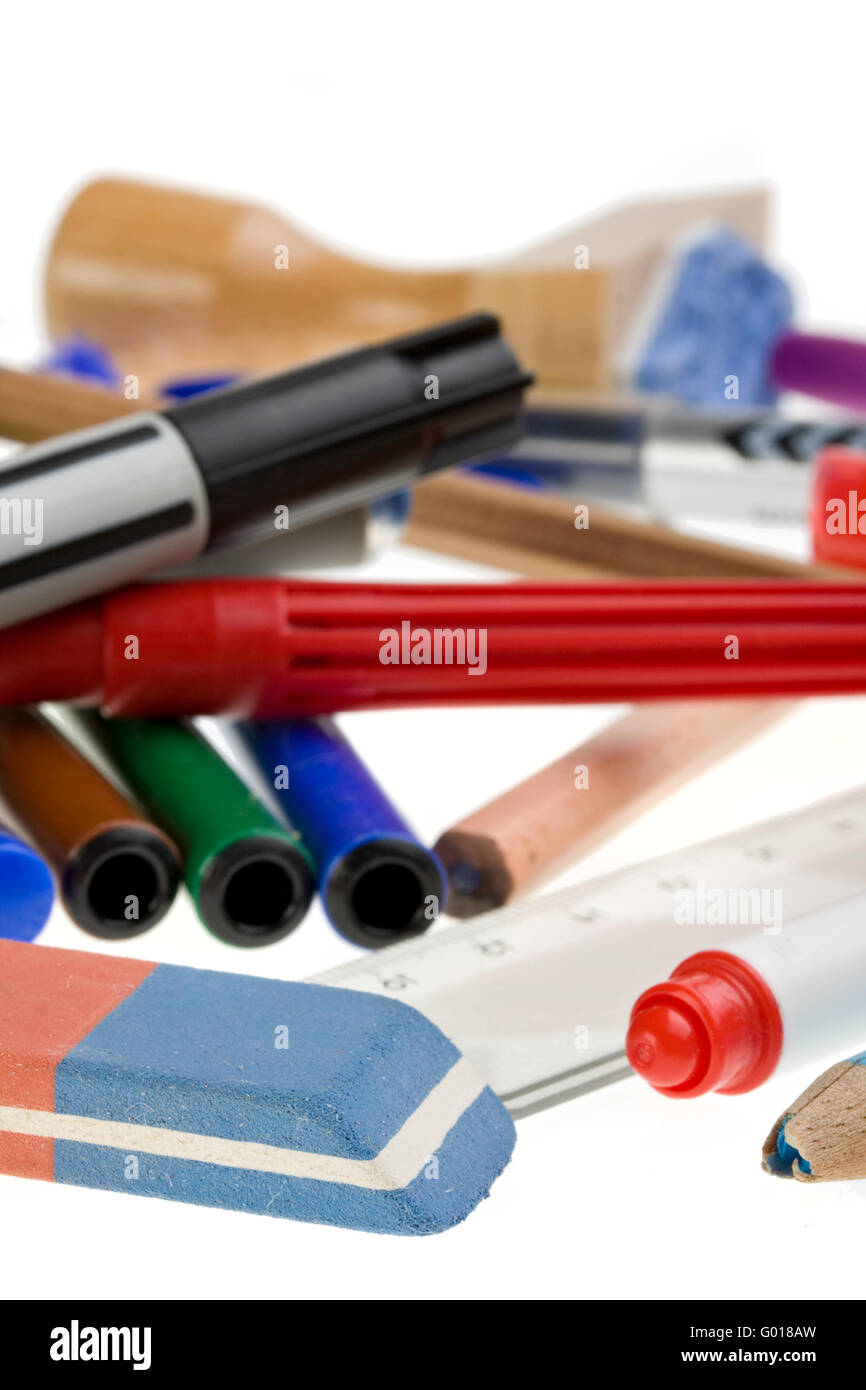 writing utensils, pens and an eraser isolated on white background Stock ...