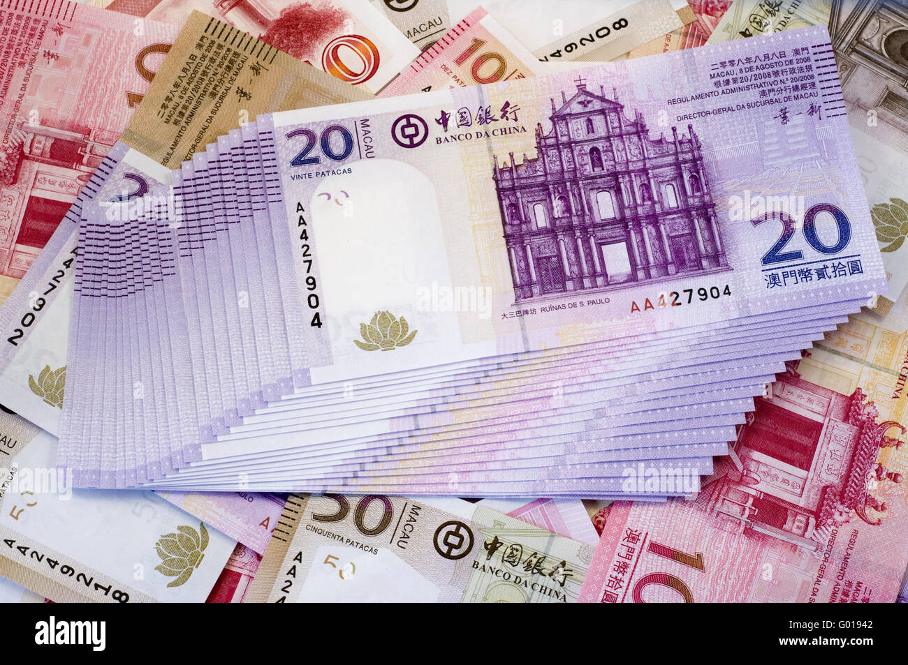 The stack of Macau Patacas (notes) and background Stock Photo - Alamy