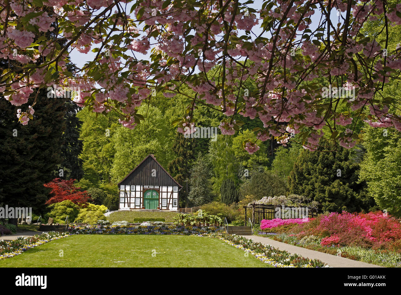 Bielefeld, half-timbered house in the botanic garden, North Rhine ...