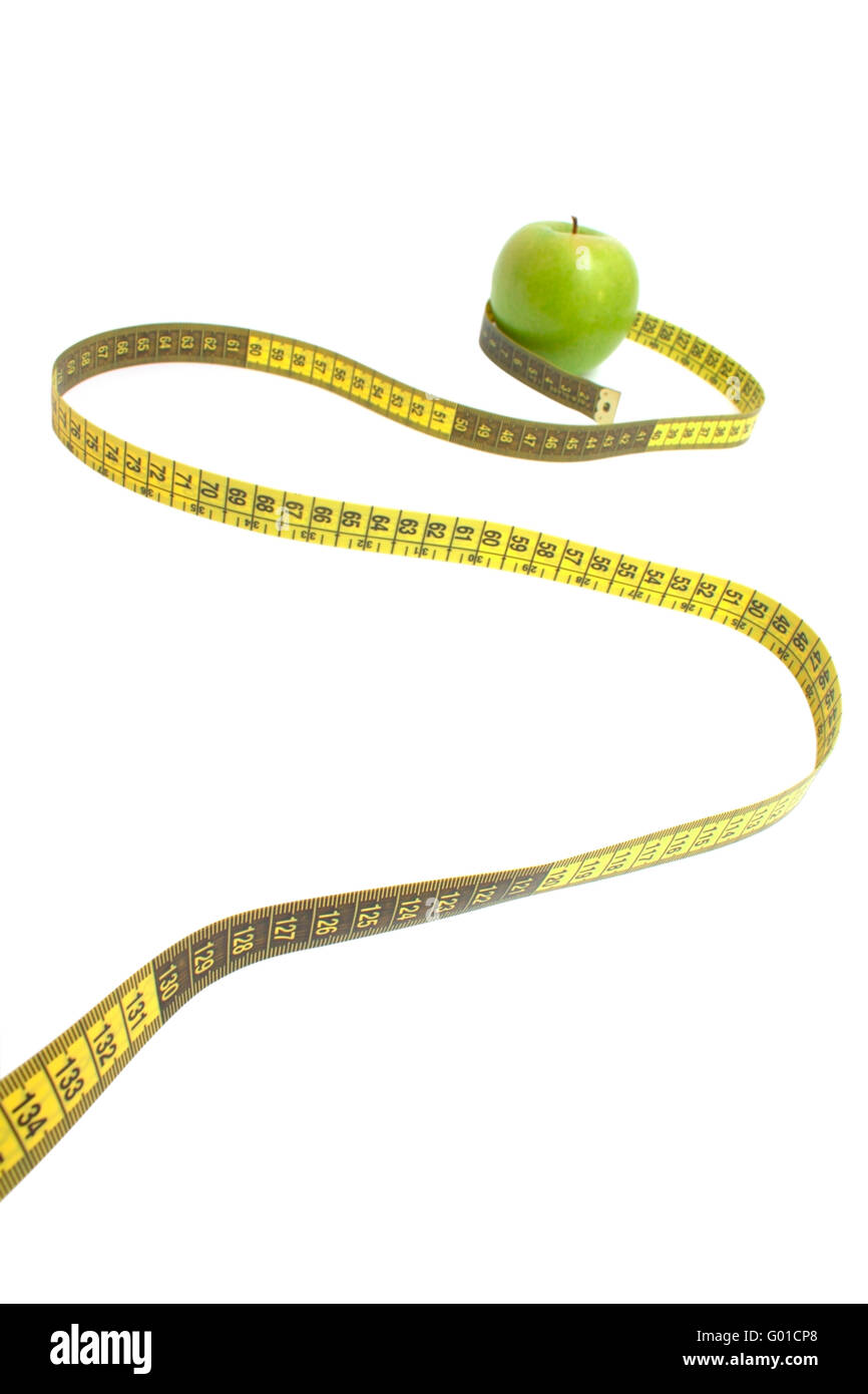 Apple tighten with measure tape isolated on white Stock Photo - Alamy
