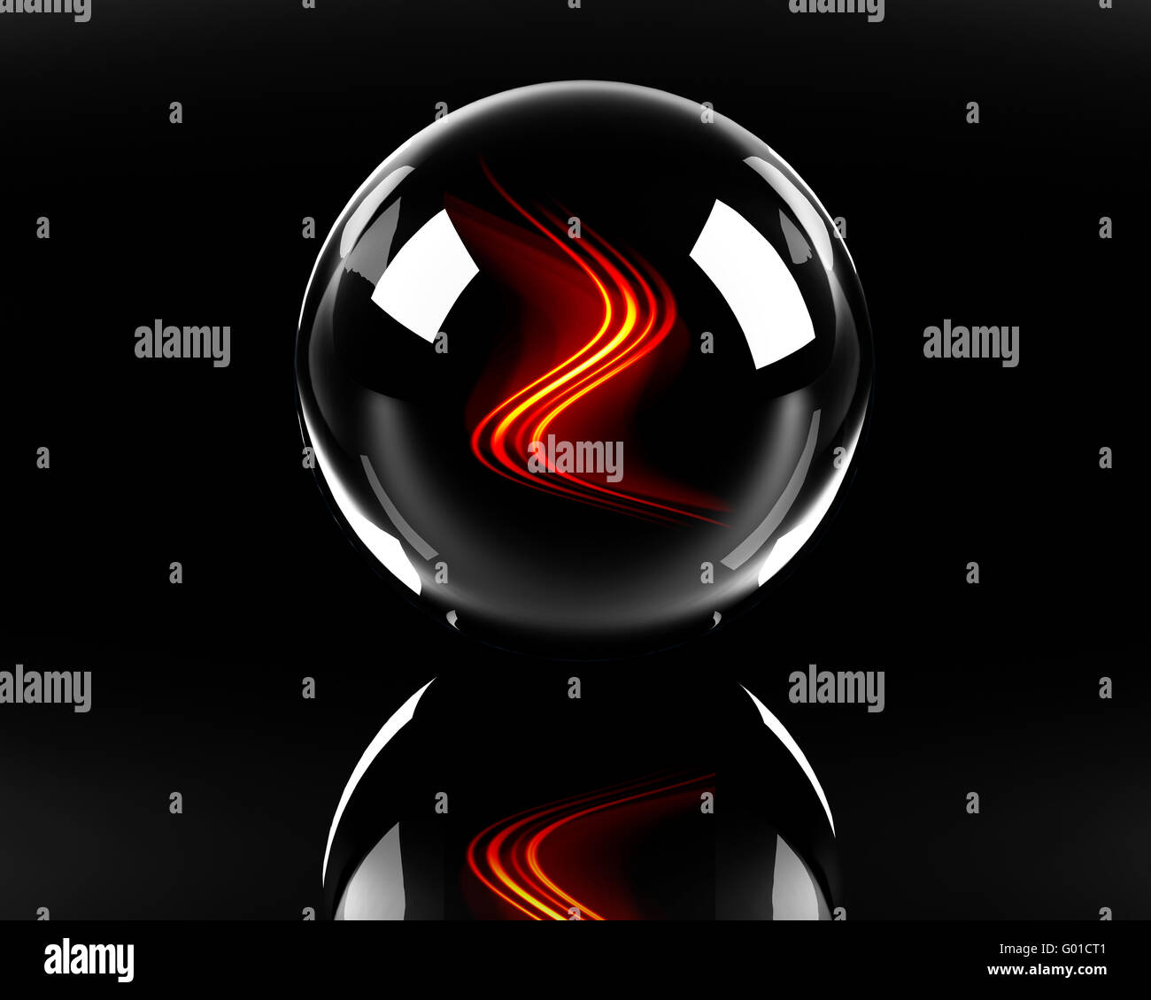 fiery waves in the glass sphere on the black backg Stock Photo - Alamy