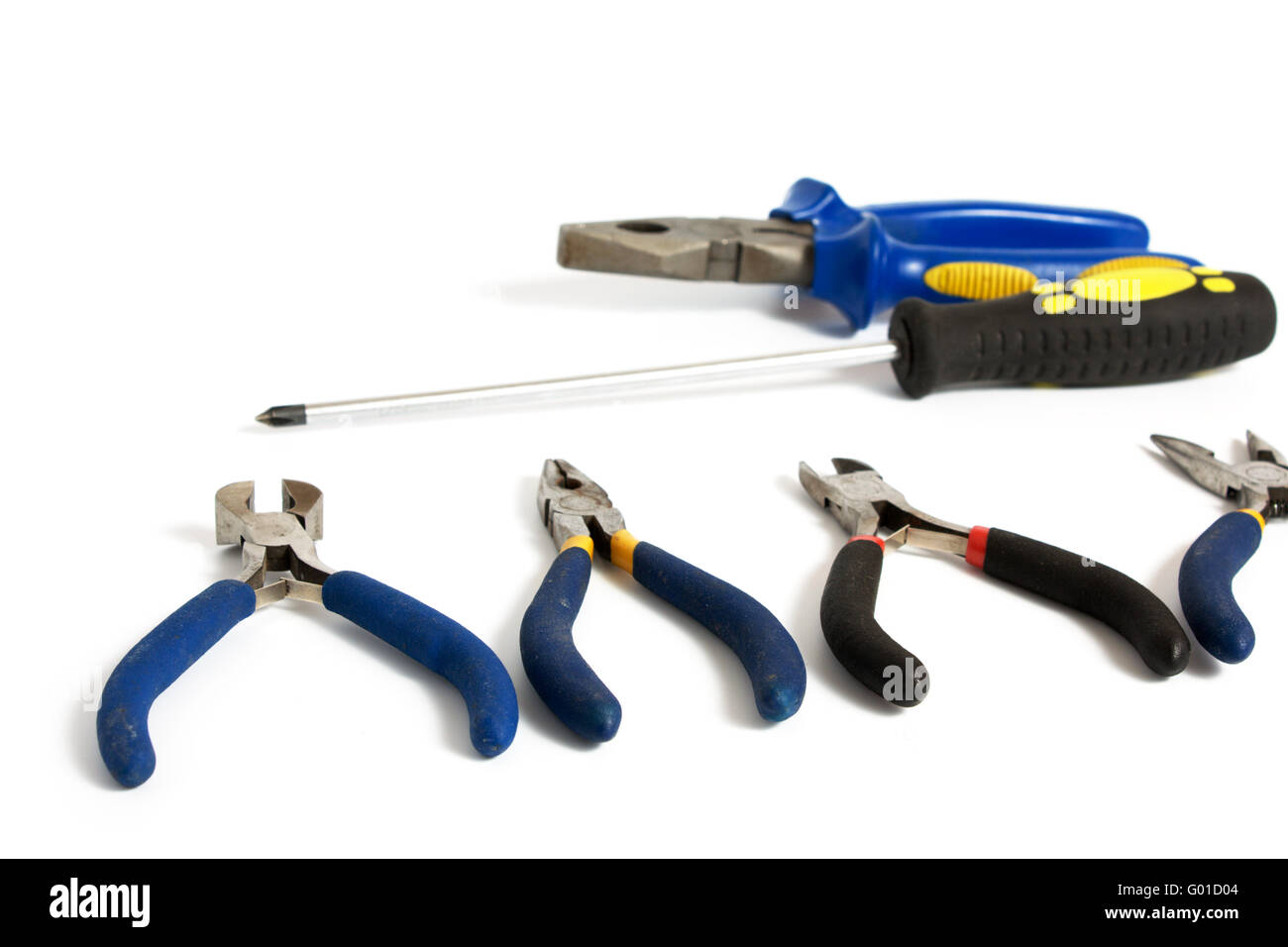 the set of pliers with blue handle isolated on white background Stock ...