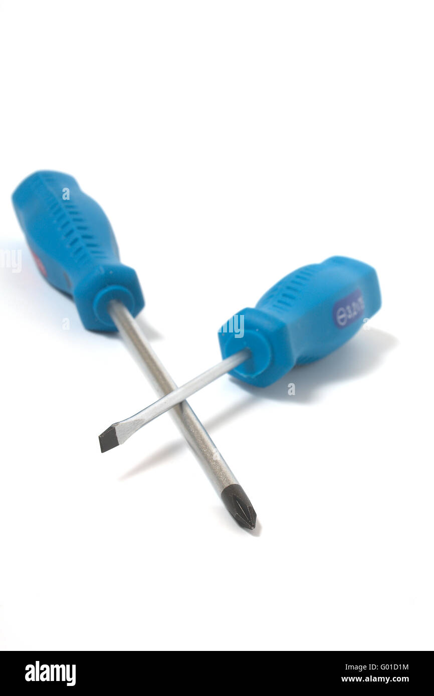 two screw-drivers with blue handles isolated on white Stock Photo - Alamy