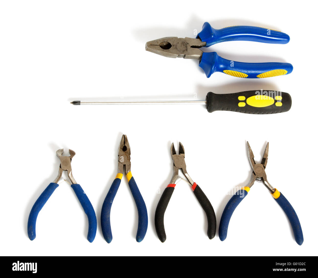 the set of pliers with blue handle isolated on white background Stock ...