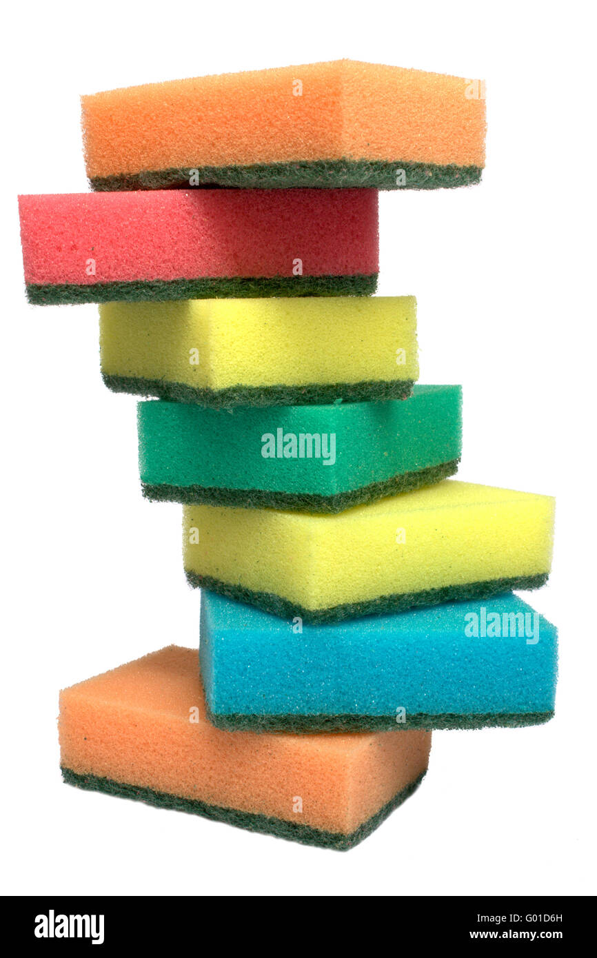 tower from sponges different colors on a white background it is ...