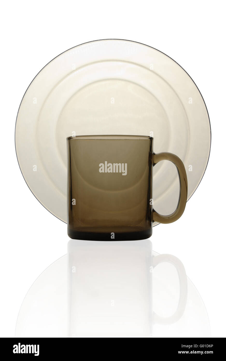 translucent glass cup and dish isolated on white with reflection Stock ...