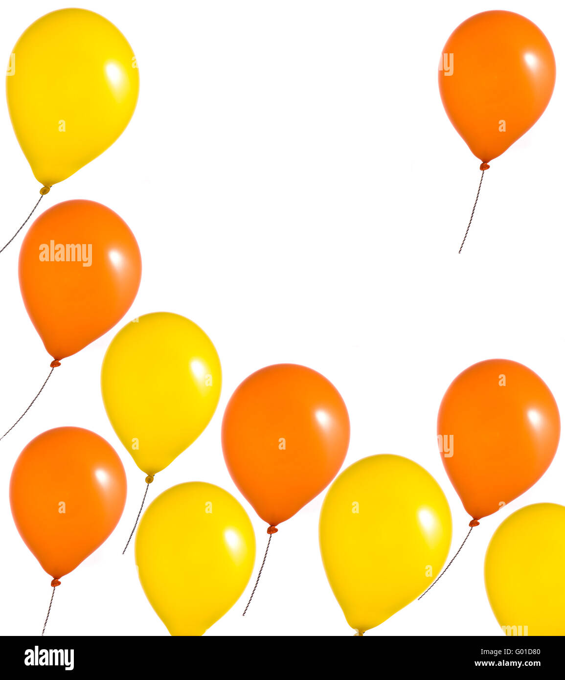 Yellow and orange balloons on white background Stock Photo - Alamy
