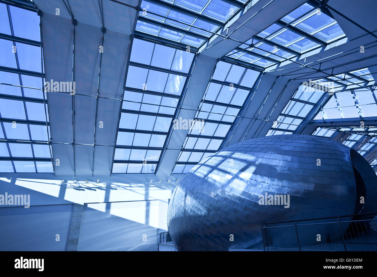 View to new modern futuristic hall of exhibition with glass sphere in ...