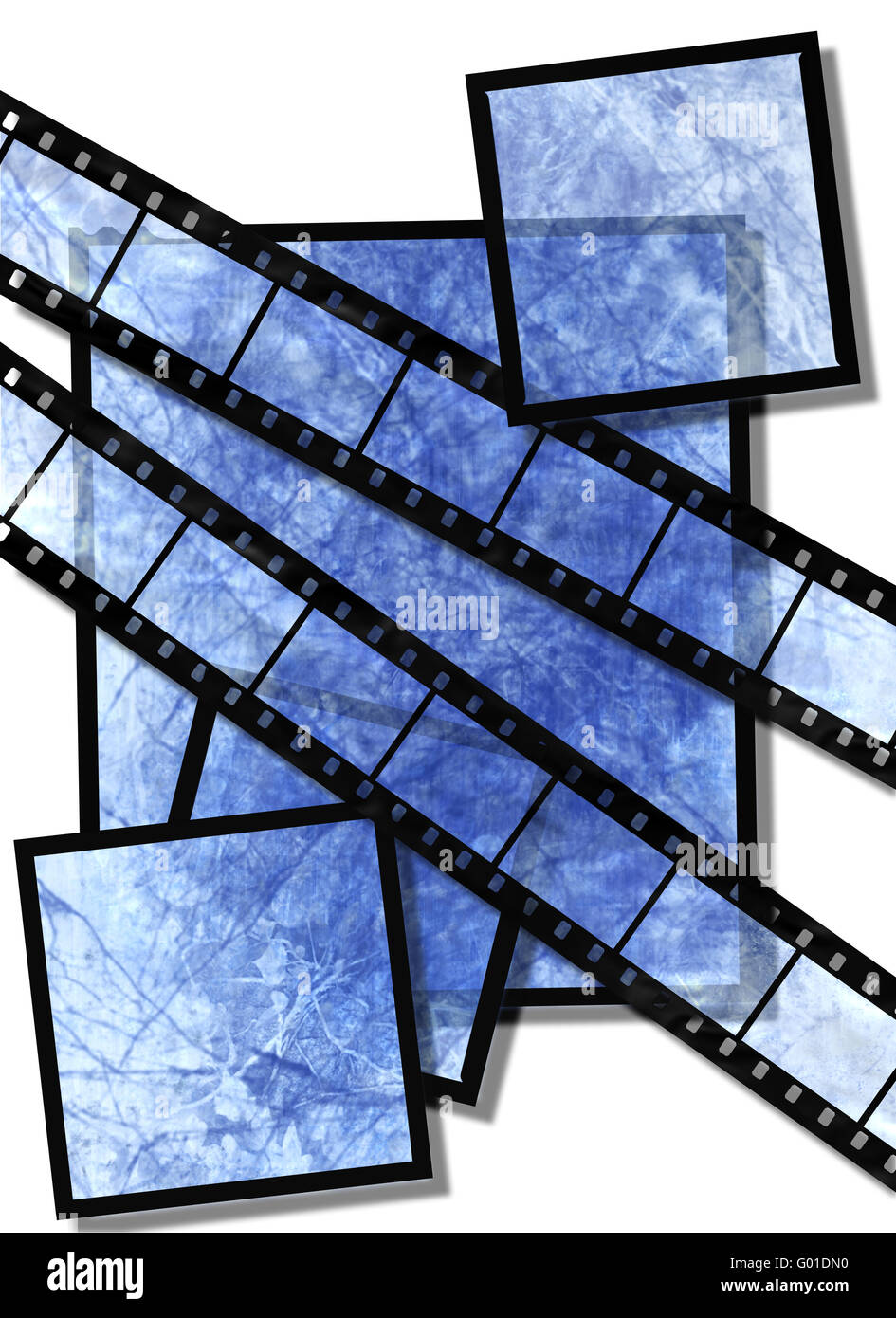 blue film strip and film plates with vintage grunge texture on white ...