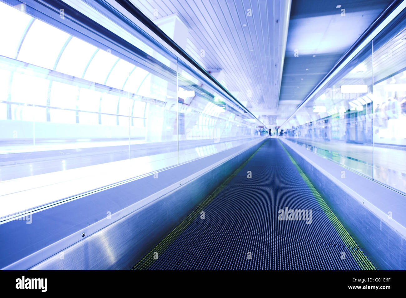 Blue moving escalator in the office hall perspective view Stock Photo ...