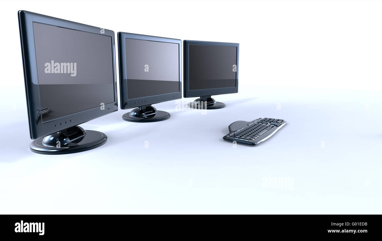 three lcd screens with keyboard and mouse on white background Stock ...
