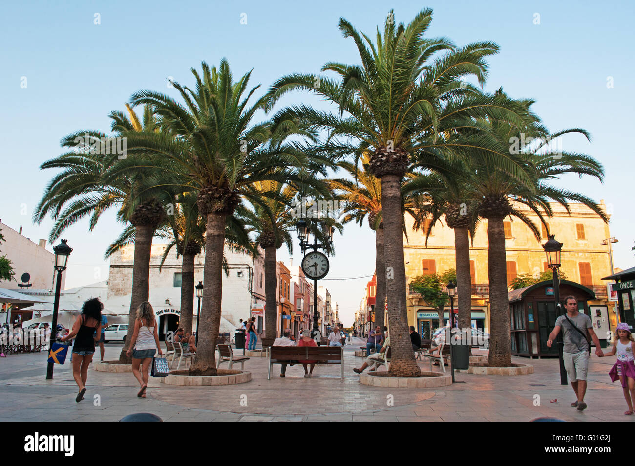 Menorca, Balearic Islands: people in the town square of Placa de Alfons ...