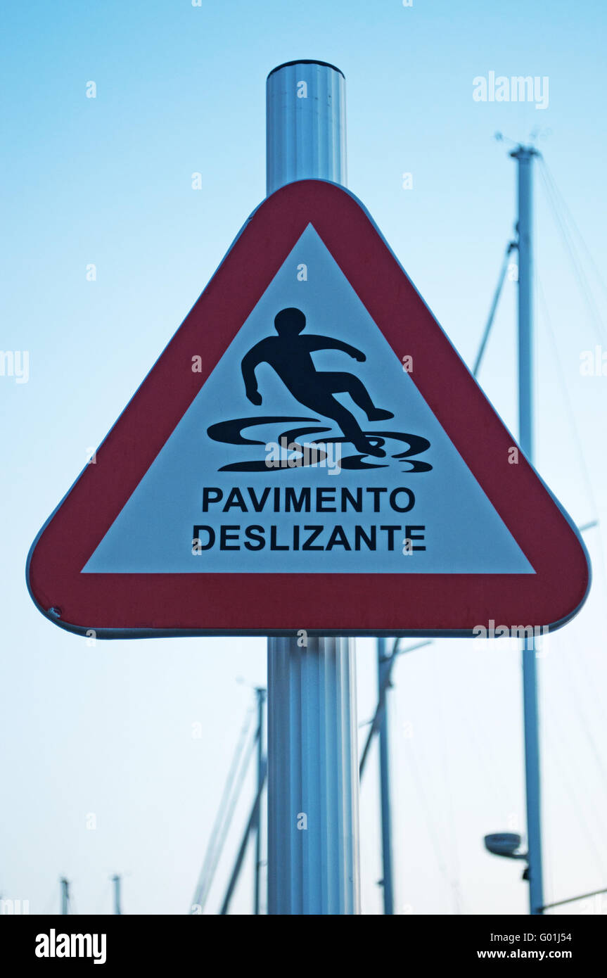 Menorca, Balearic Islands, Spain, Europe: a warning sign of slippery ...